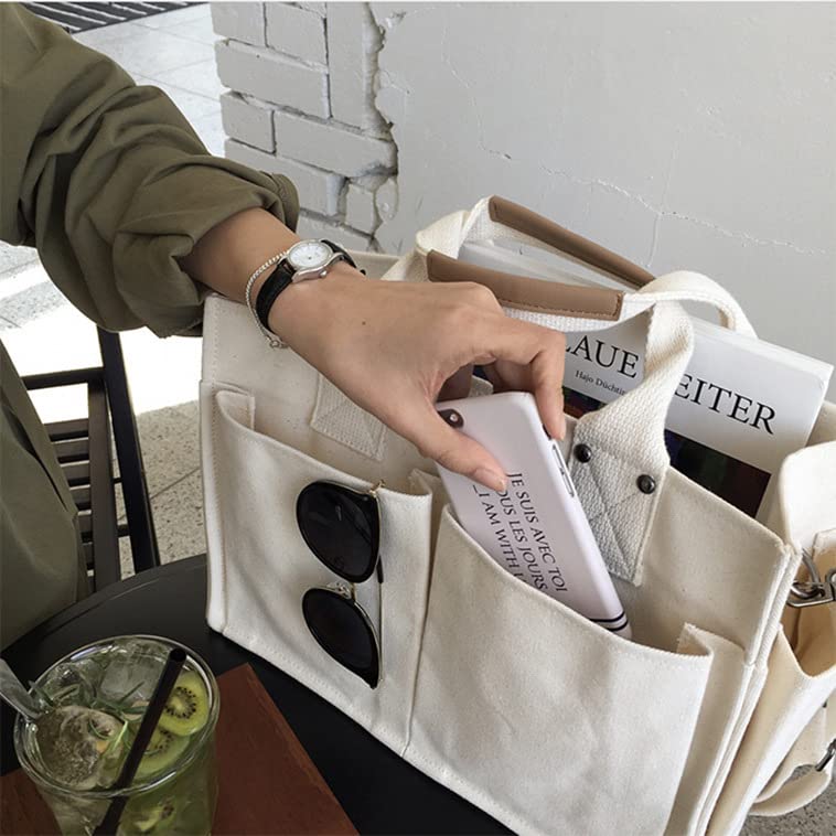 Canvas Bag with Handle -Mommy Bag, Large Capacity Messenger Bag Durable Multi Pocket Shoulder Bag Wear Resistant Tote Purse Reusable Handbag Easy to Clean, Canvas White