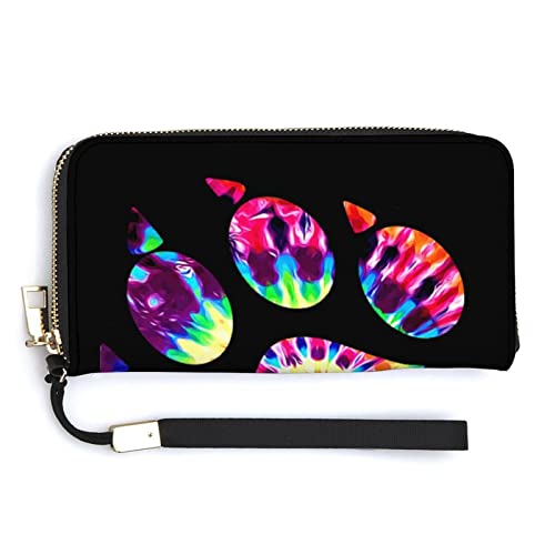 FunnyStar Tie Dye Animal Paw Print Women's Long RFID Hand Wallet Wristlet Clutch Purse PU Leather Handbag with Wrist Strap