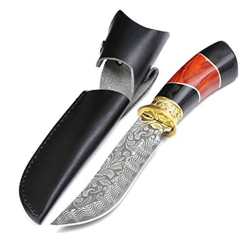 Damascus Steel Straight Knife Fixed Blade Knife with Wood Handle+Sheath for Outdoor Survival, Hunting,Camping,Fishing
