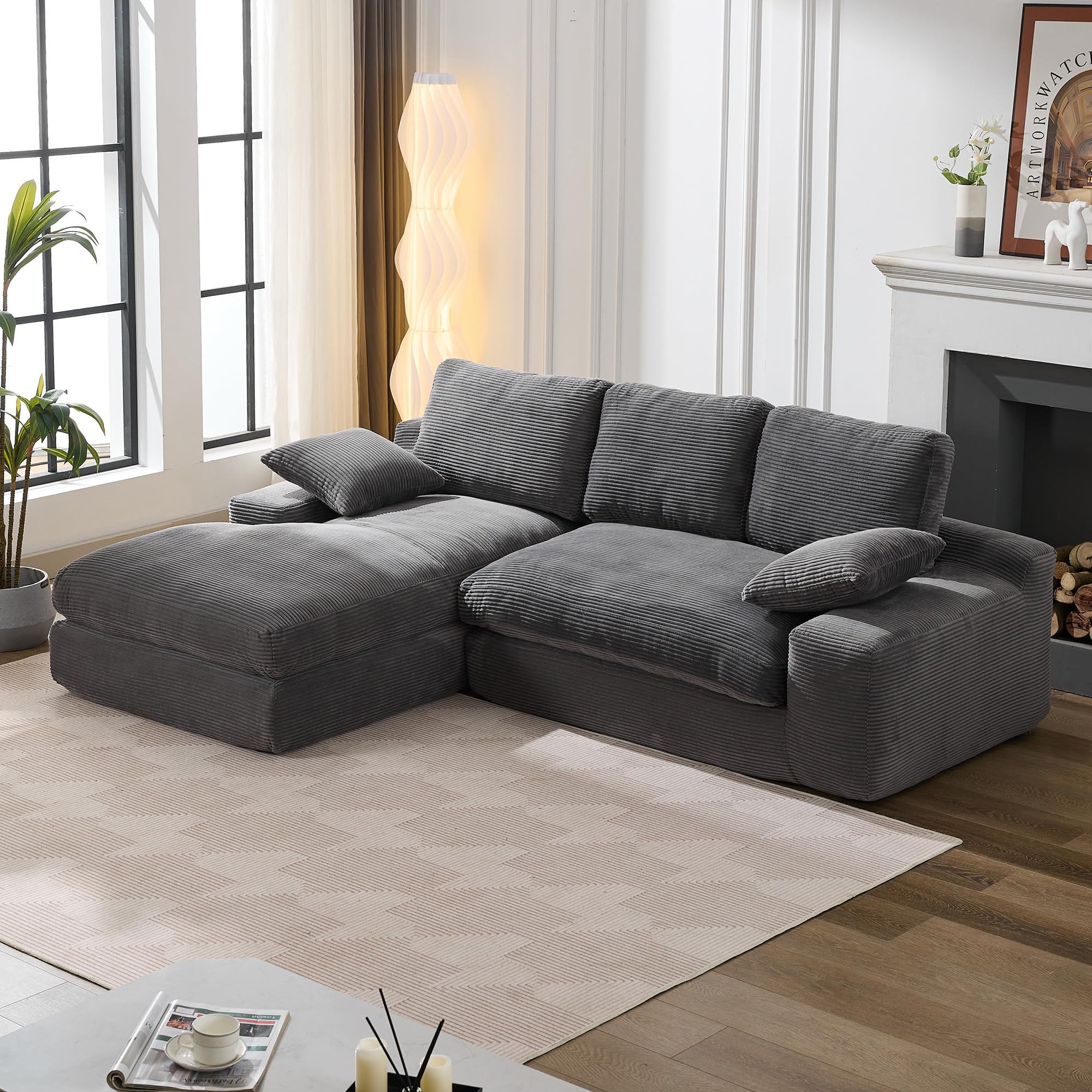 GNIXUU Corduroy Cloud sectional couches for Living Room, 98.4" Fluffy Large L Shaped Sofa with Deep Seat & Comfy Chaise, Upholstered Modular 3 Seat Couch Sleeper for Apartment, Studio, Office, Gray