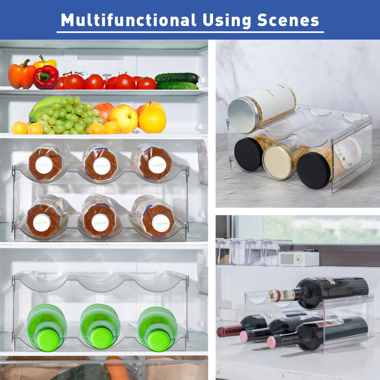 HOGARSWE Water Bottle Organizer, Storage Holder for Kitchen Organization,Fridge, Pantry,Cabinet,Countertop,Cupboard- Plastic Cup Rack Shelf for Wine,Drinks- 4 Layers,Each Rack Holds 3 Containers,Clear
