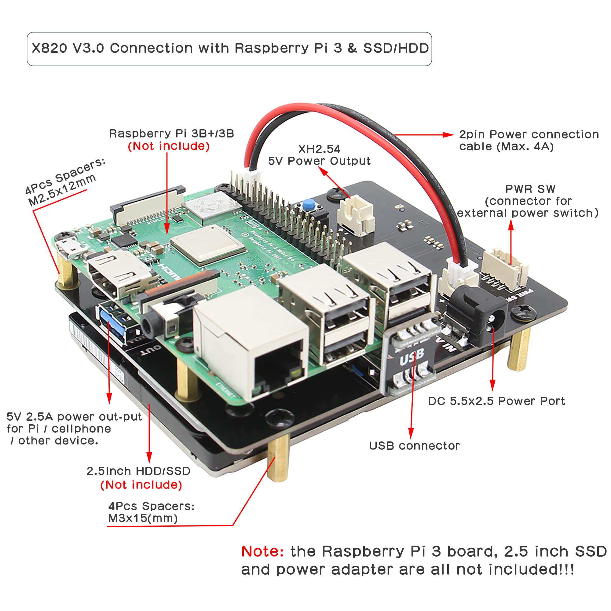 Geekworm for Raspberry Pi 3B+/3B, X820 V3.0 2.5“ SATA HDD/SSD Board + X735 Power Management Board + Metal Case with Power Switch and Cooling Fan + DC 12V 5A PSU Kit (Not Include Raspberry Pi)