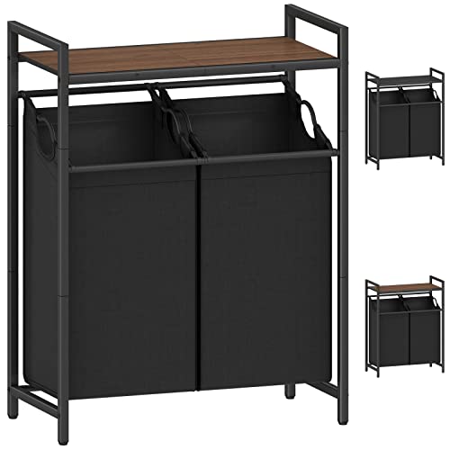 LAATOOREE Double Laundry Hamper with Top Shelf, Two-Color Tall Laundry Basket with 2 Removable Laundry Sorter Bags, Clothes Hamper for Laundry Room, Bedroom - Black Walnut and Black