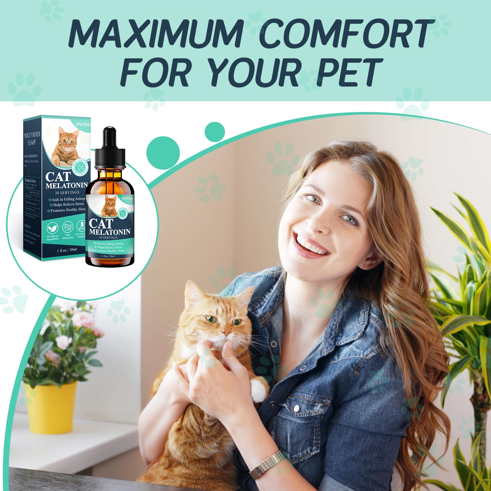 IPOTAO Cat Melatonin - Cat Calming Products for Stress & Anxiety Relief, Melatonin for Cats' Sleep Aid, Cat Relaxer Calming Drops, Support Restful Sleep for Your Cat, 1 fl oz