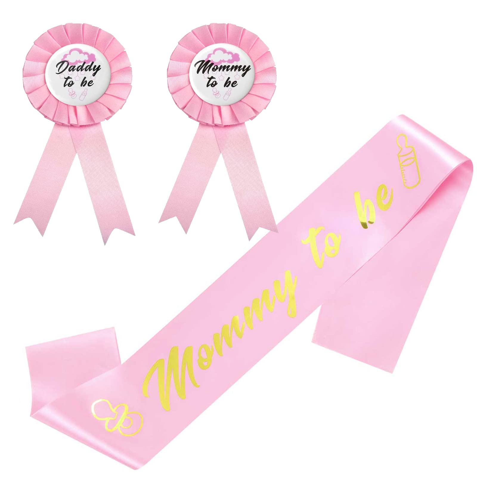 SKJIAYEE Baby Shower 'Mommy to Be' and 'Daddy to Be' Badge Pins and Sash Kit(3 pcs, Pink) for Girl, Welcome Baby Gender Reveals Party Baby Sprinkle Gifts