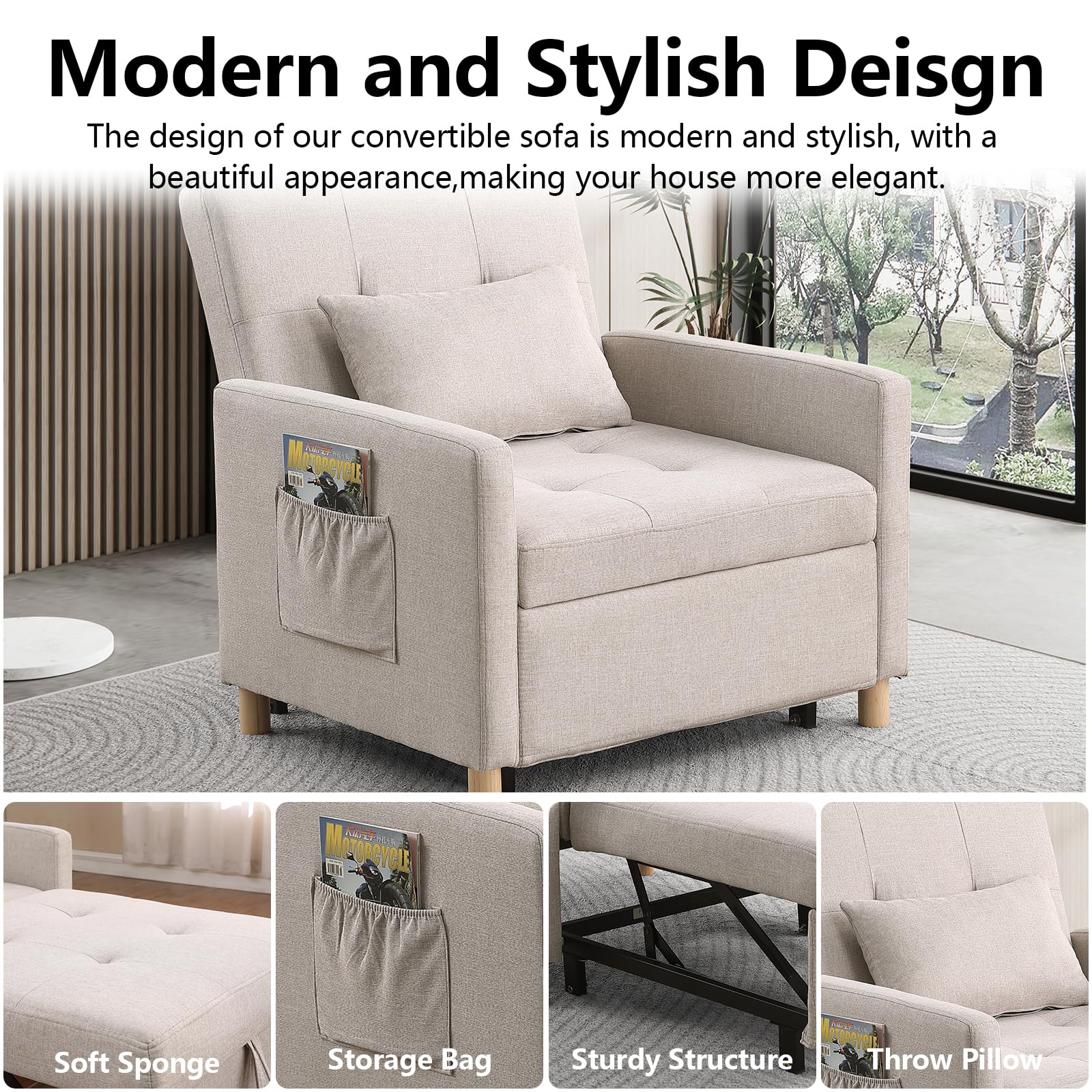 Keainvren Sleeper Chair Bed Convertible Chair Bed Sleeper Pull Out Sofa Bed with Adjustable Backrest Linen Fabric Convertible Chair to Bed with Side Pocket for Living Room, Apartment-Beige
