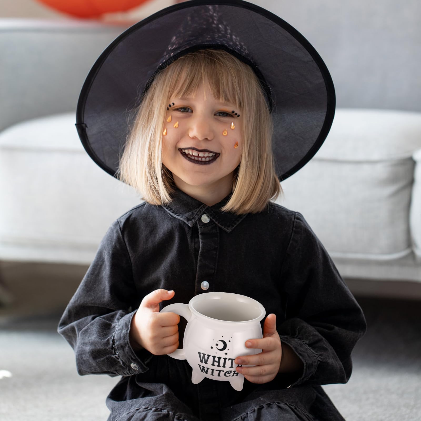 JolliKids 2 Pack Witches Brew Cauldron Mugs Halloween Cauldron Mugs Halloween Gifts 12 Oz Ceramic Coffee Mugs Black and White Cups with 2 Pcs Spoons Halloween Decoration for Tabletop