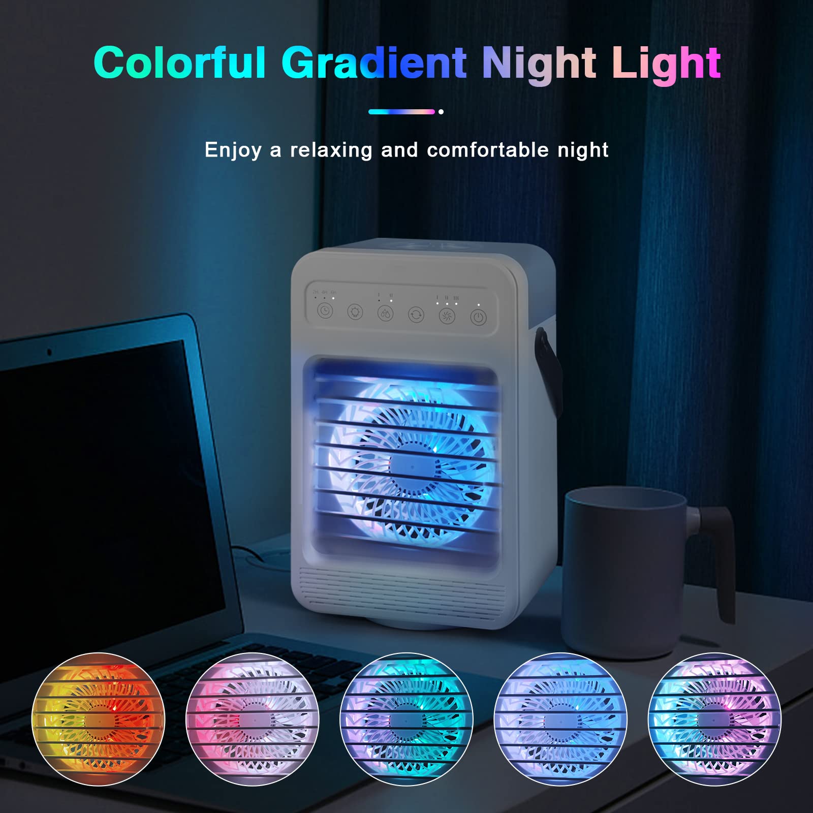 VIIMI Portable Air Conditioner, 6-IN-1 Evaporative Personal Air Cooler Humidifier with 4 Speeds 7 Colors Light, 70°Oscillation USB Quiet Air Cooler white