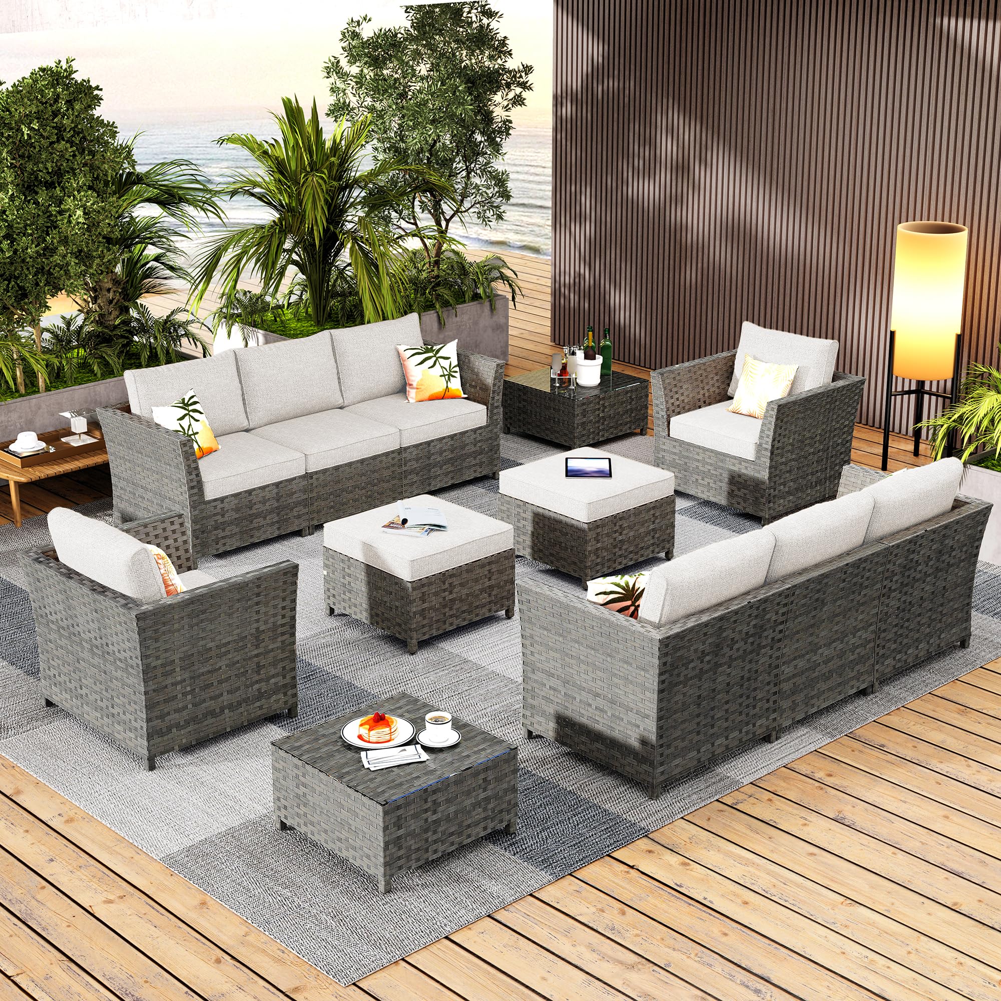 CAODOC 10 Pieces Patio Furniture Conversation Sofa Set with 42" Fire Pit Table Rocking Chair,Outdoor Sectional Gray Rattan Wicker Sofa Set