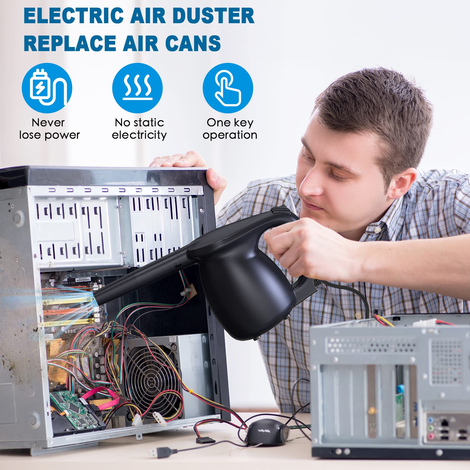 Electric Compressed Air Duster for Computer Keyboard Cleaning, 40000RPM Powerful Air Blow Dust Cleaner, Multi-Use Reusable Duster Replaces Air Cans