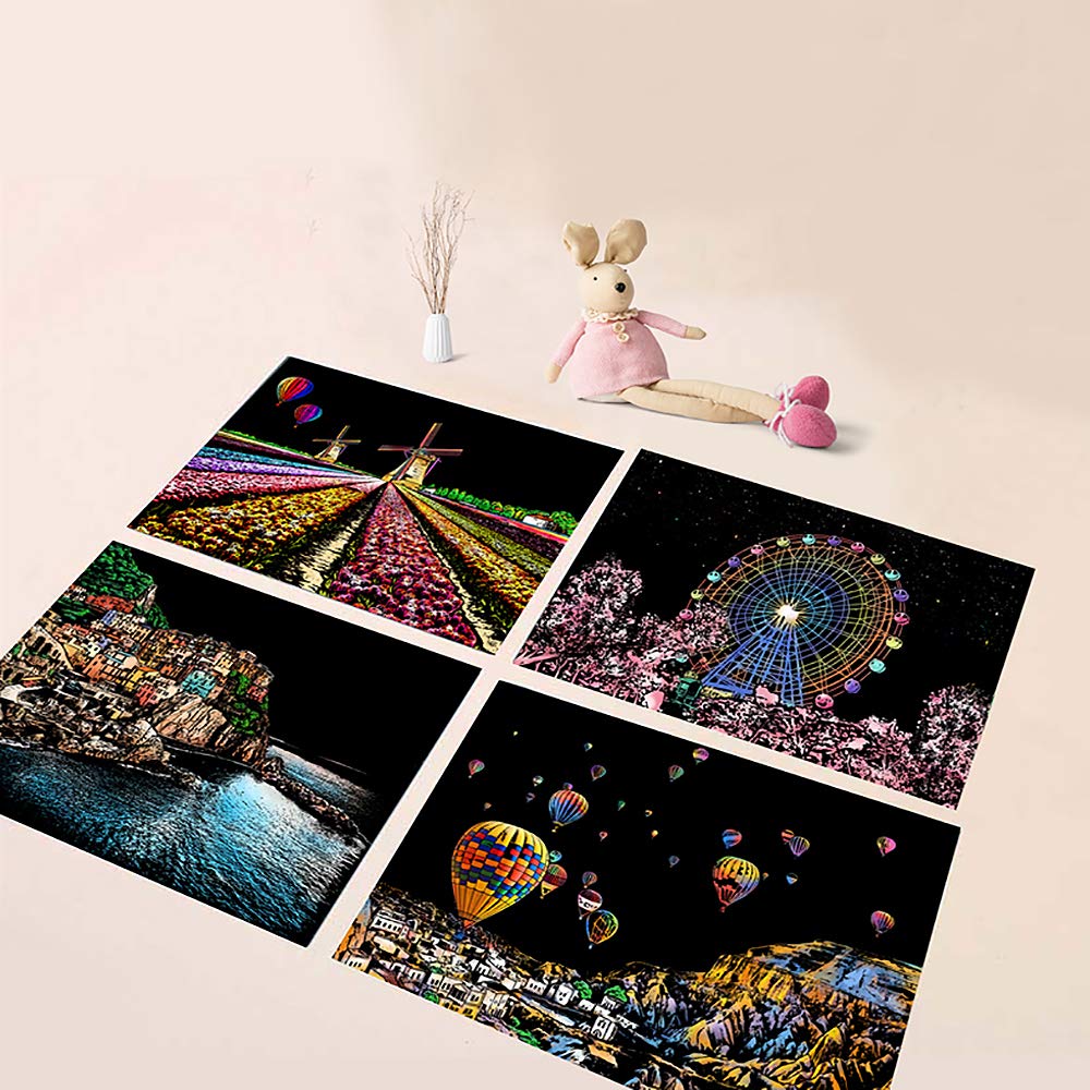Scratch Painting Kits for Adults & Kids, Rainbow Painting Night View Scratchboard(A4), Crafts Set: 8 Sheets Scratch Cards with 6 tools in Bag - New York, Statue of Liberty, Seattle(America / Europe)