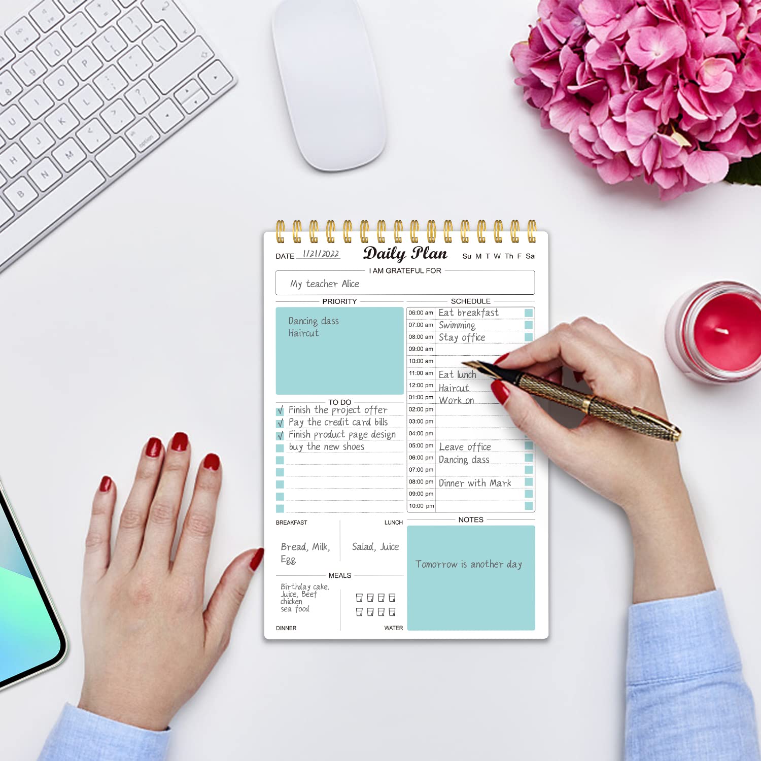 Daily Planner Notepad Undated To Do List Planning Pad Checklist with Hourly Schedule Calendars Meal, Spiral Appointment Organizers Notebook for Man/Women,52 Sheets (6"x8.5")2Pack
