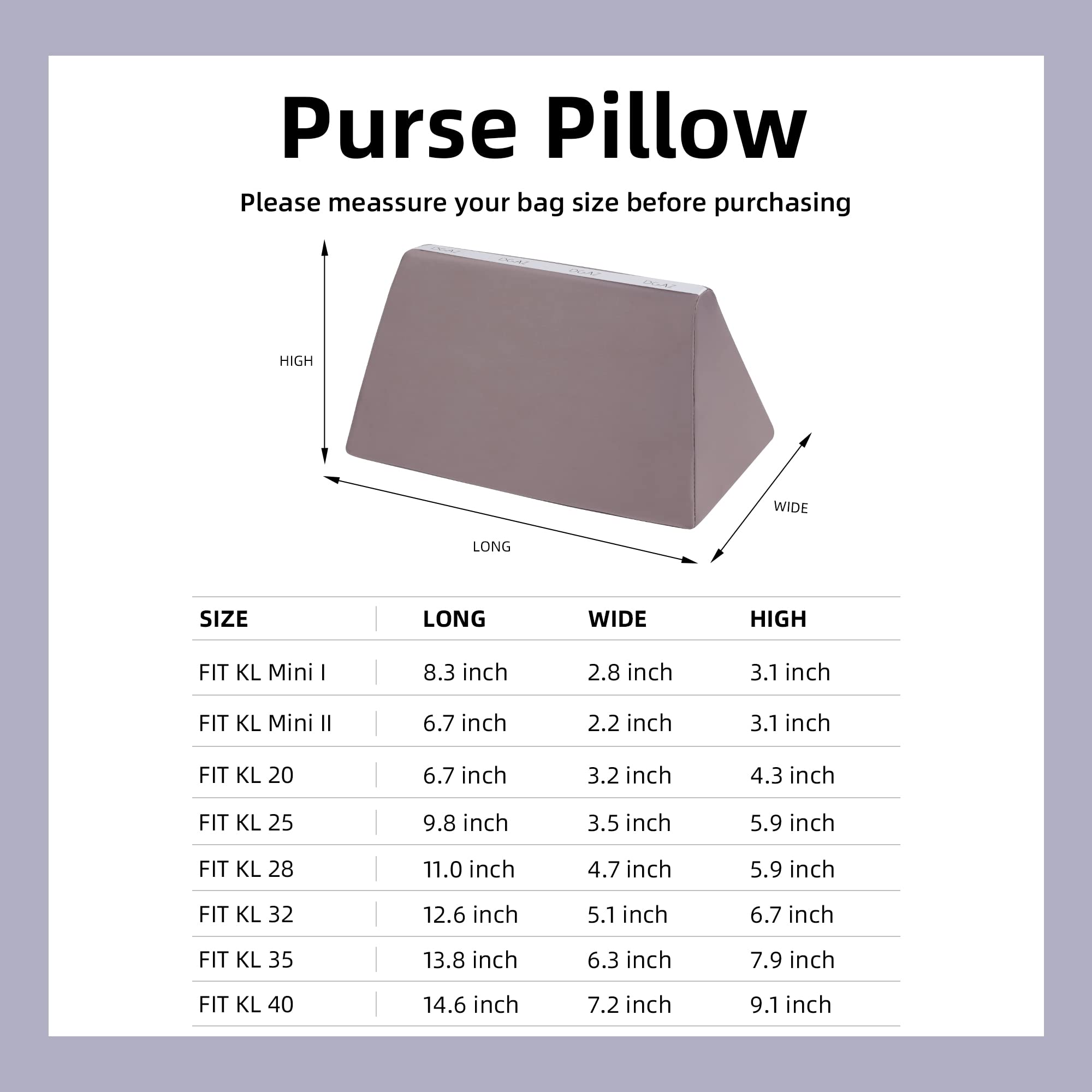 DGAZ Purse Pillow Insert for Luxury Handbags, Memory Foam, Silky Pillow Shaper for Kelly 25/28/32/35 Bags(Konjac purple, KL25)