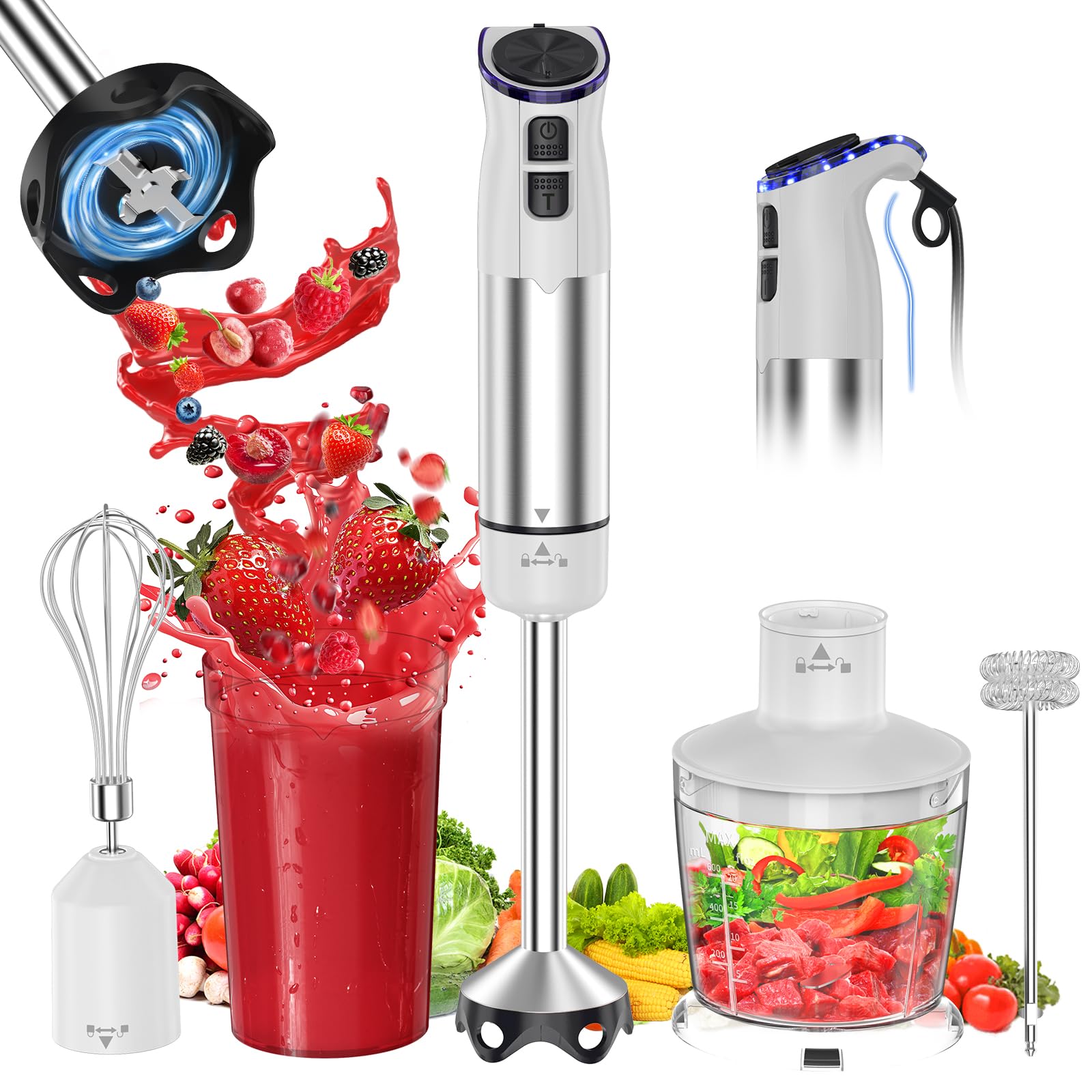 Electric Immersion Blender Handheld 1200W, 5-in-1 Hand Blender Mixer for Kitchen with 20-Speed & Turbo Boost, 600ml Chopper, 800ml Beaker