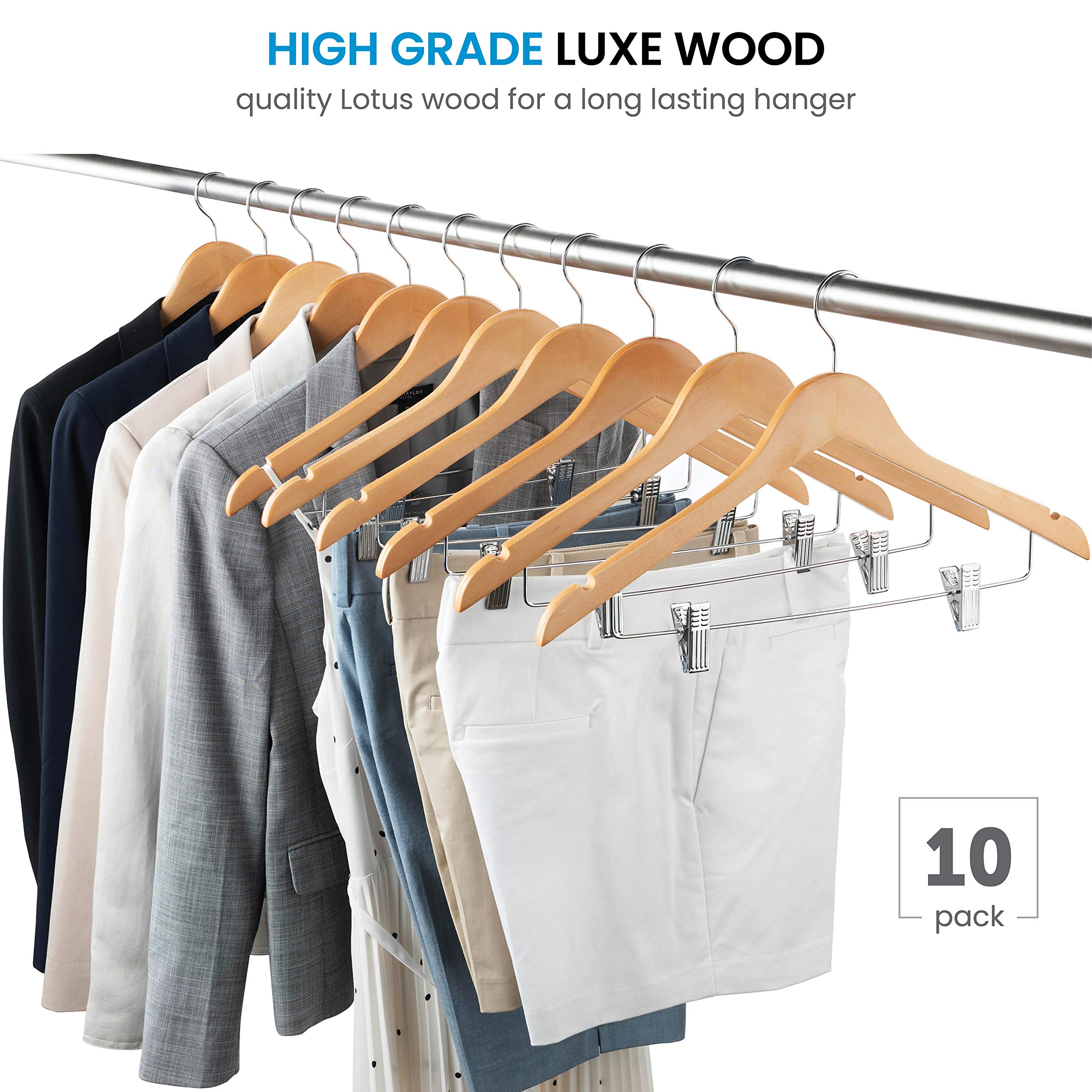 ZOBER High-Grade Wooden Suit Hangers (10 Pack) with Durable Adjustable Metal Clips, 360° Swivel Hook, Shoulder Notches for Dress Coat, Blouse, Jacket