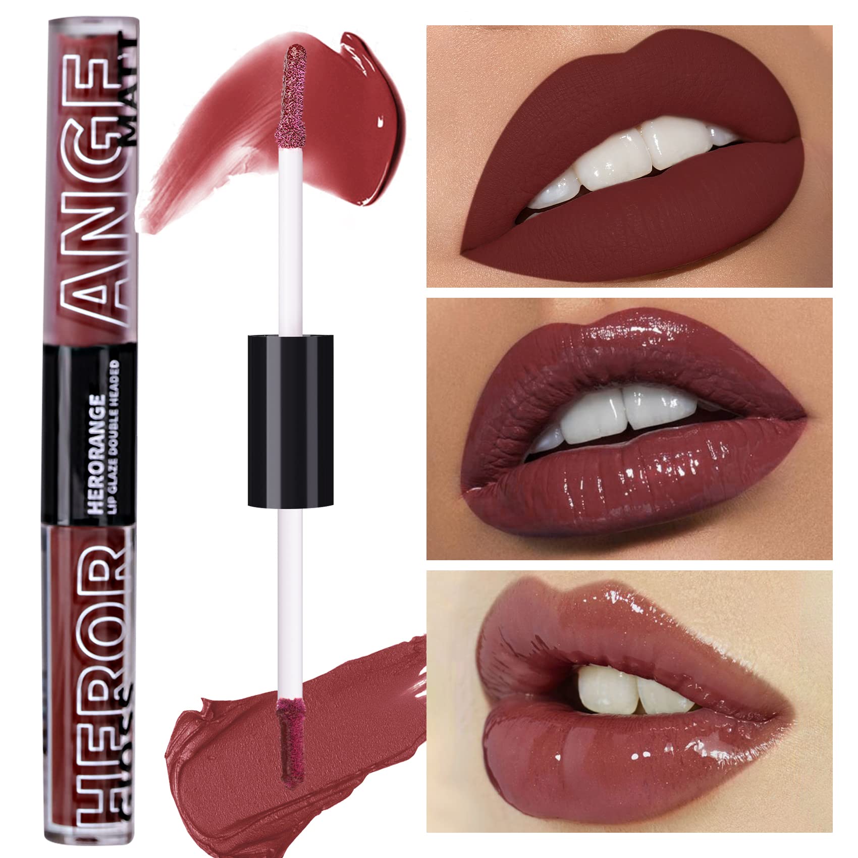 Goddvenus Matte Liquid Lipstick + Lip Gloss, 1Lip Stain 3 Ways to Use Long Lasting Moisturizing Red Brown Lip Tint Makeup Lip