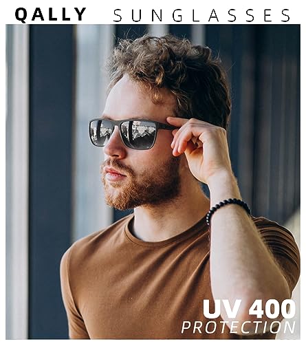 QALLY Retro Square Polarized Sunglasses for Men UV Protection Rectangular Outdoors Sunglasses with Trendy Frame, Black/Blue/Tawny