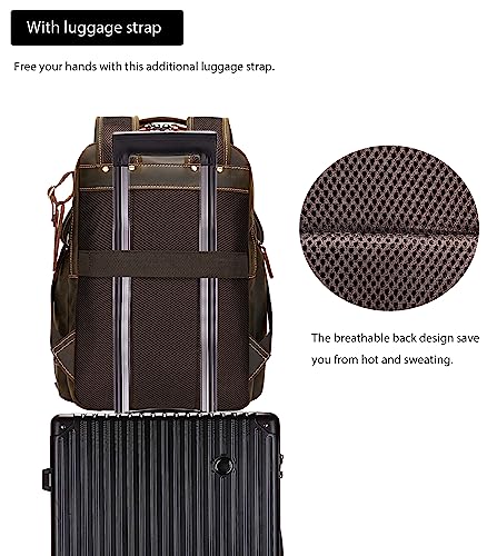LANNSYNE Vintage Full Grain Genuine Leather Backpack For Men, fits 16" Laptop Travel Hiking Bag Camping Rucksack Brown