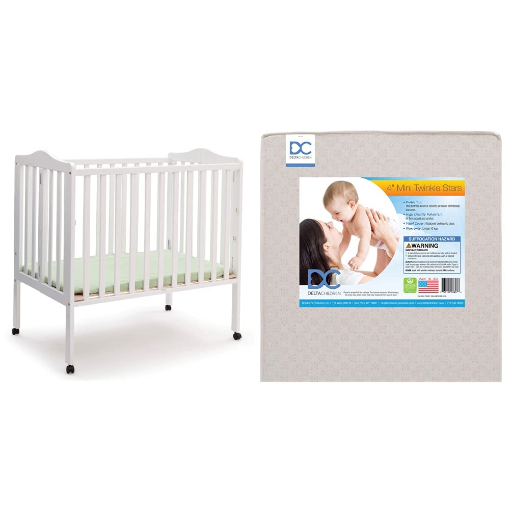 Delta Children Folding Portable Mini Baby Crib with Mattress Bundle