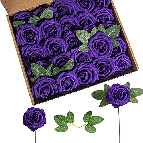 Lansdowns Artificial Flower Foam Rose 25pcs Real Looking Fake Rose with Stems Leaves for Home Decoration Party Garden Centerpieces DIY Wedding Bouquets(Purple)
