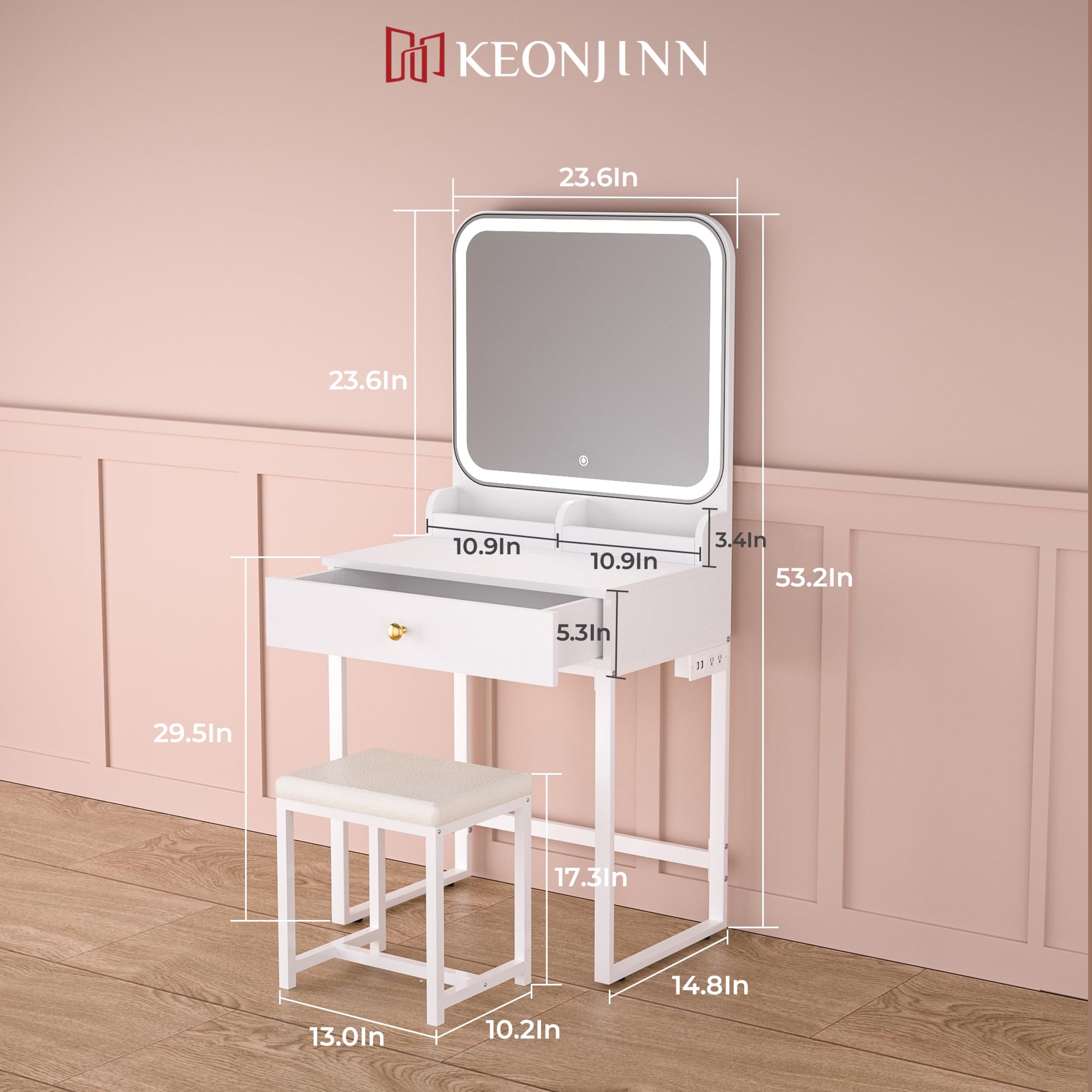 Keonjinn White Vanity Mirror with Lights, LED Makeup Vanity Desk with Large Drawer & 2 Makeup Trays & Chair, 7000 Lux Vanity Table with Lighted Mirror & Power Outlet, CRI>90 Vanity Set for Bathroom