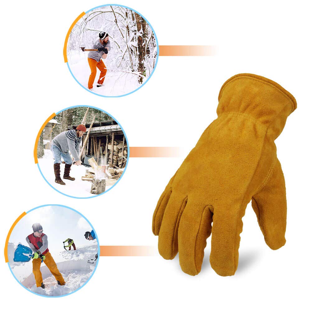 OZERO Work Gloves Winter Insulated Snow Cold Proof Leather Glove Thick Thermal Imitation Lambswool - Extra Grip Flexible Warm for Working in Cold Weather for Men and Women (Gold,X-Large)