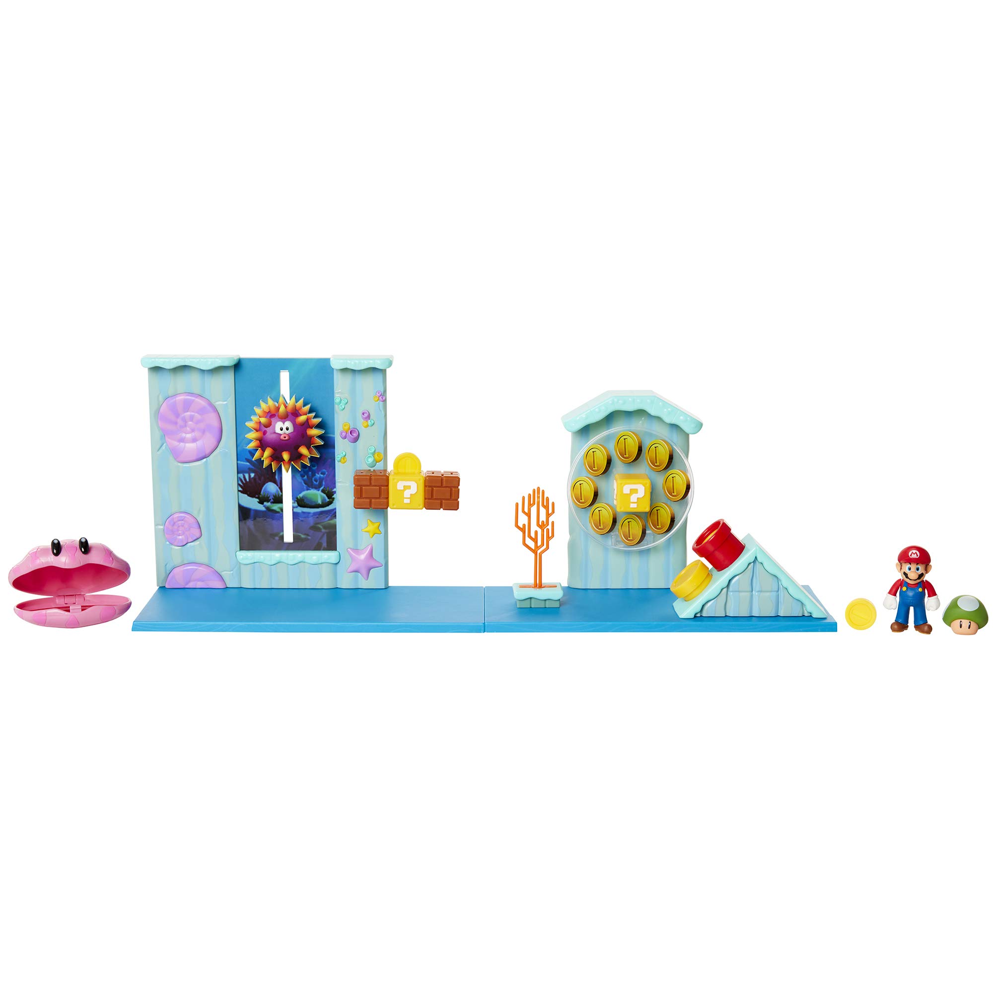 Nintendo Super Mario Deluxe Underwater Playset with 5 Interactive Environmentpiece β Includes 2.5β Mario Figure, 1-Up Mushroom Accessory & Warp Pipe Coin Launcher