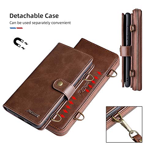 QIXIU for iPhone 12 Pro Max Wallet Case, Multi-Function Wallet Case, Detachable 3 in 1 Magnetic iPhone 12 Pro Max Case Wallet, Flip Strap Zipper Card Holder Phone Case with Shoulder Straps(Brown)