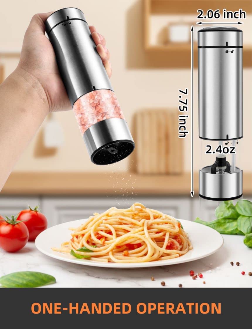 Electric Salt and Pepper Grinder Set Battery Operated, Automatic Refillable Stainless Steel Salt Grinder, 70ml Pepper Container, One Hand Operation, LED Light, Adjustable Coarseness, 2 Pack