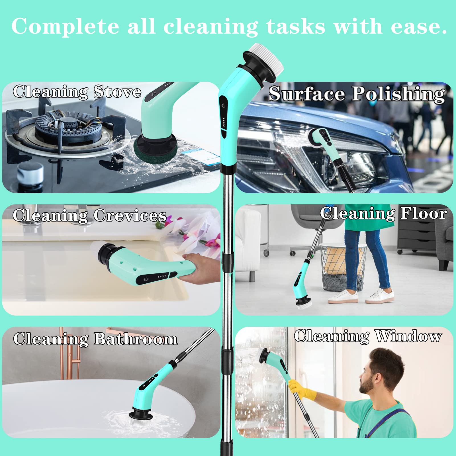 Electric Spin Scrubber, Cordless Bathroom Scrubber with Long Handle, Shower Scrubber for Cleaning with 7 Brush Heads, Power Wall Scrubber Suitable for Cleaning Wall, Kitchen, Bathroom, Window, Floor