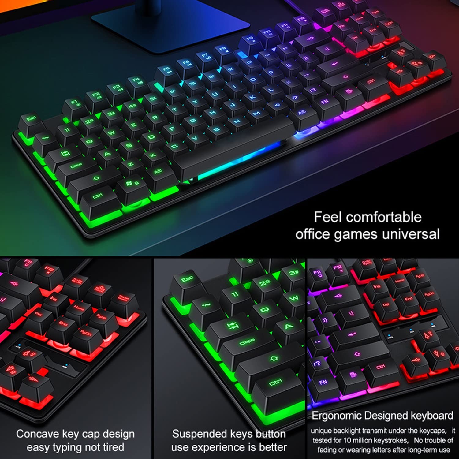 EXHNLE RGB Gaming Keyboard and Mouse, 87 Keys Compact Keyboard and Mouse LED Breathing Backlit, 87 Keys USB Ergonomic Keyboard, for PC Computer Gamer