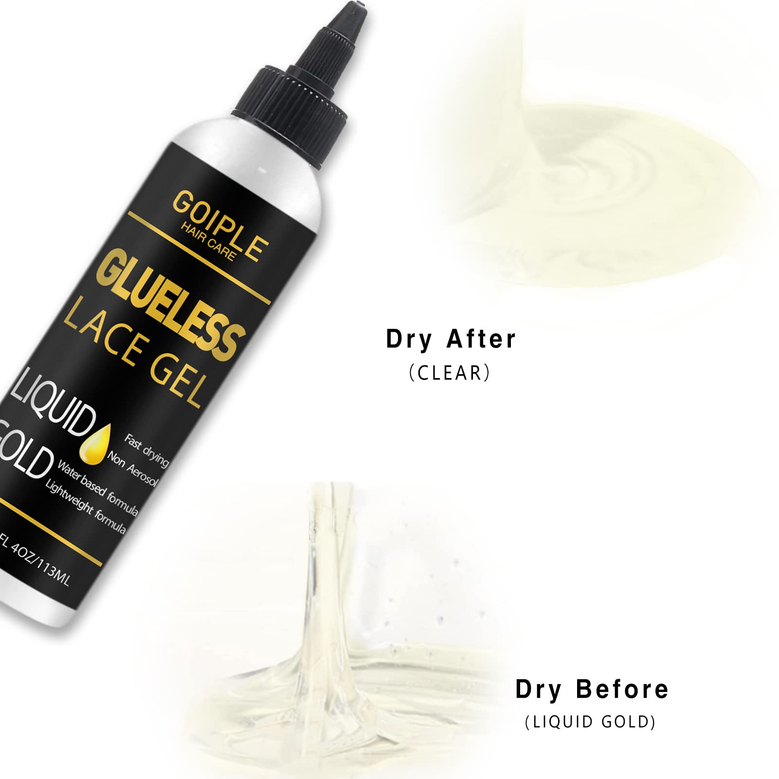 Goiple Wig Glue, Liquid Gold Glueless Lace Gel - Waterproof, Non Toxic, Gold, 4oz - Wig Kit for Wigs and Hair Systems