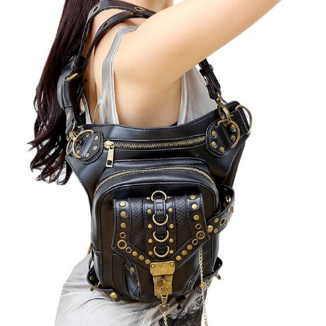 Wendin Rock Leather & Vintage Gothic Retro Steampunk Handbag Victorian Style Shoulder Waist Bag Black