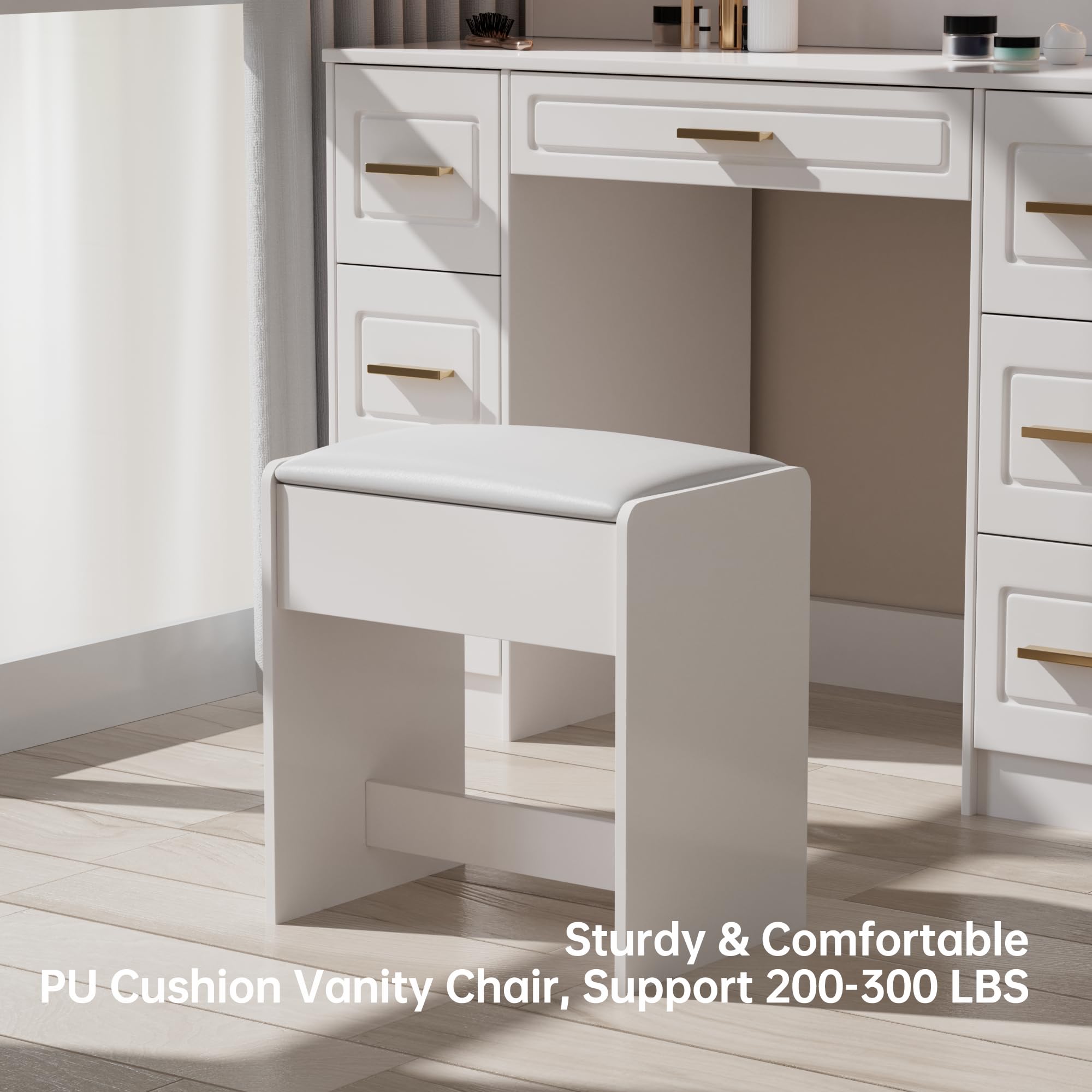Homesflex Vanity Desk with Mirror and LED Lights, 43'' W Makeup Vanity Desk with Power Outlet, 3 Color Modes, 7 Drawers Vanity Table with Chair, Dressing Table for Bedroom, Dressing Room (White)