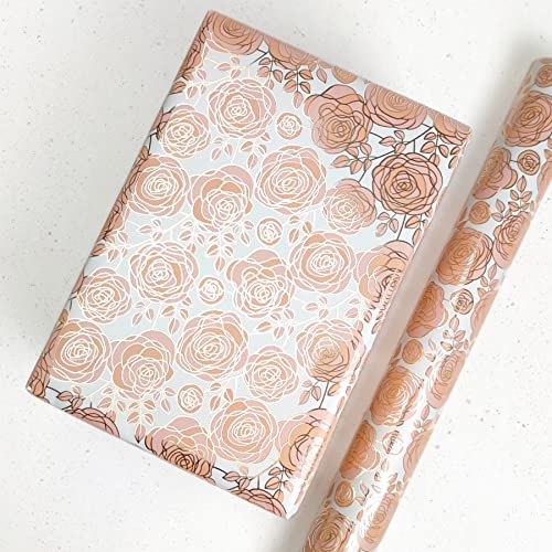 LDGOOAEL Mini Short Small Wrapping Paper Roll (17" X 120") - Pink Rose with Metallic Foil for Holiday, Mothers Day, Birthday, Wedding, Baby Shower