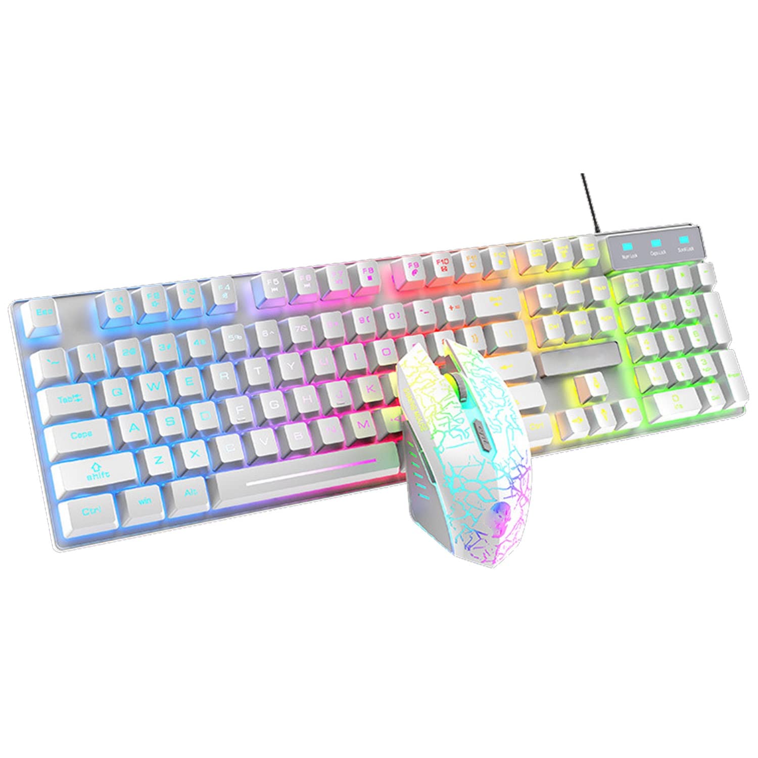EXHNLE RGB Rainbow Backlit Gaming Keyboard and Mouse Combo, USB Wired Bundle with Gaming Mouse, USB Wired Set for PC Gamer Laptop Work (Color : White)