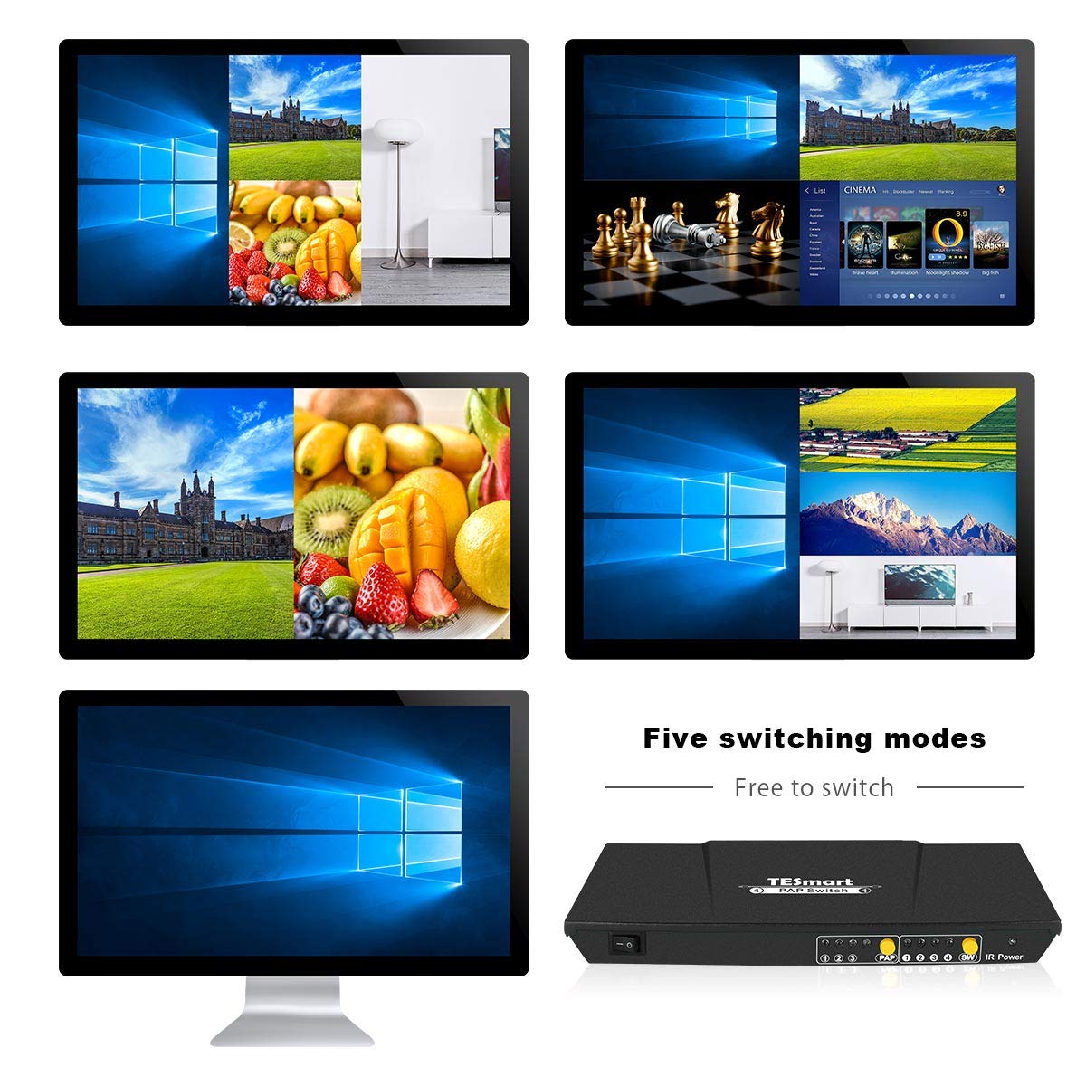 TESmart HDMI Switch 4X1 Quad Screen Multi-Viewer Splitter Seamless Switcher with 5 Display Modes IR Remote, Support 1080P@60Hz 4 in 1 Out(Black)