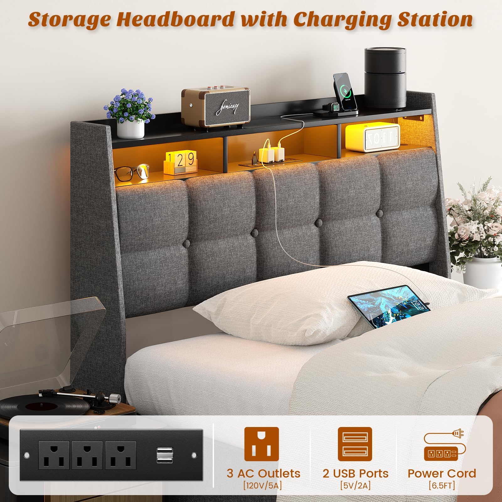 Homieasy Twin Size Bed Frame with Drawers Charging Station LED Light, Upholstered Twin Bed Frame with Storage Headboard, Heavy Duty Wood Slats, No Box Spring Needed, Noise Free, Grey