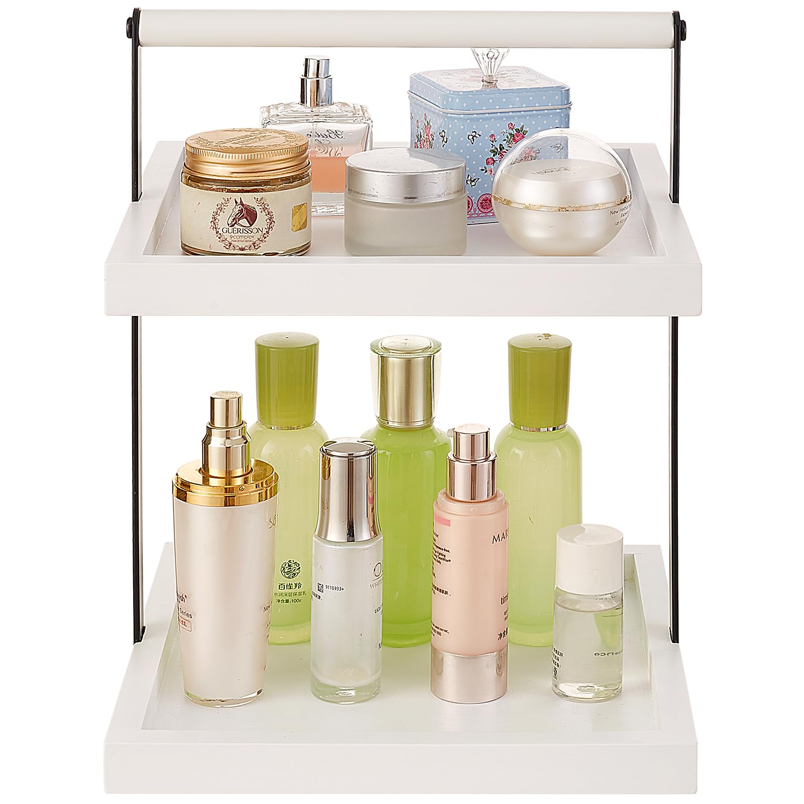 Goporcelain 2 Tier Bathroom Organizer, Bathroom Counter Organizer Countertop Wood Standing Shower Caddy Corner Shower Organize Rack,Stand Up Shower Basket for Shampoo,Shelf Rack for Inside Shower