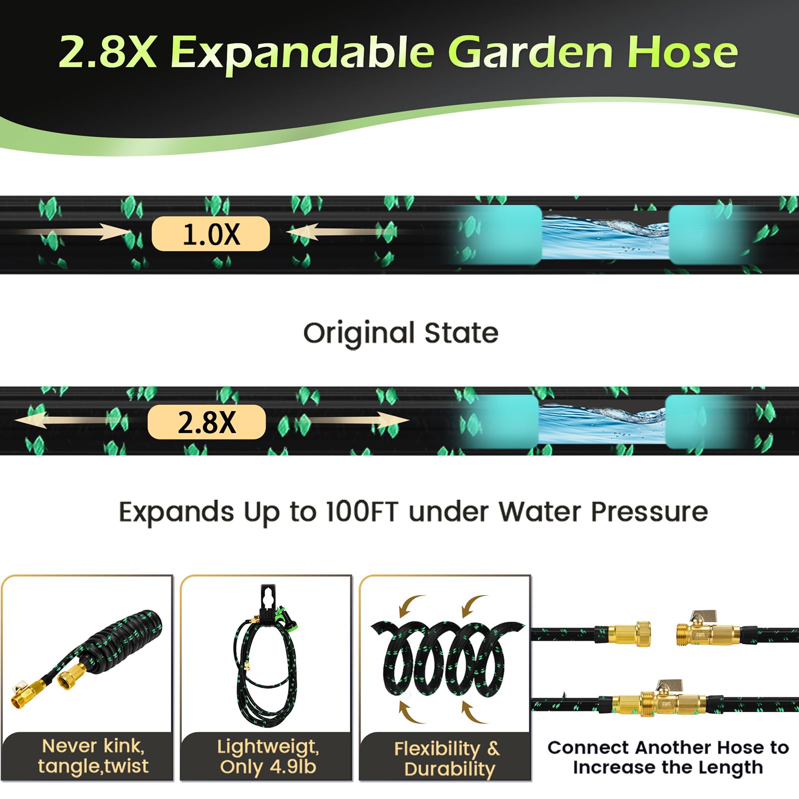 Expandable Garden Hose 100 ft Water Hose Flexible 100ft-Durable 9 Way Spray Nozzle-3/4ββ Solid Brass- Lightweight No Kink Flex Expanding Long Outdoor Hose Pipe