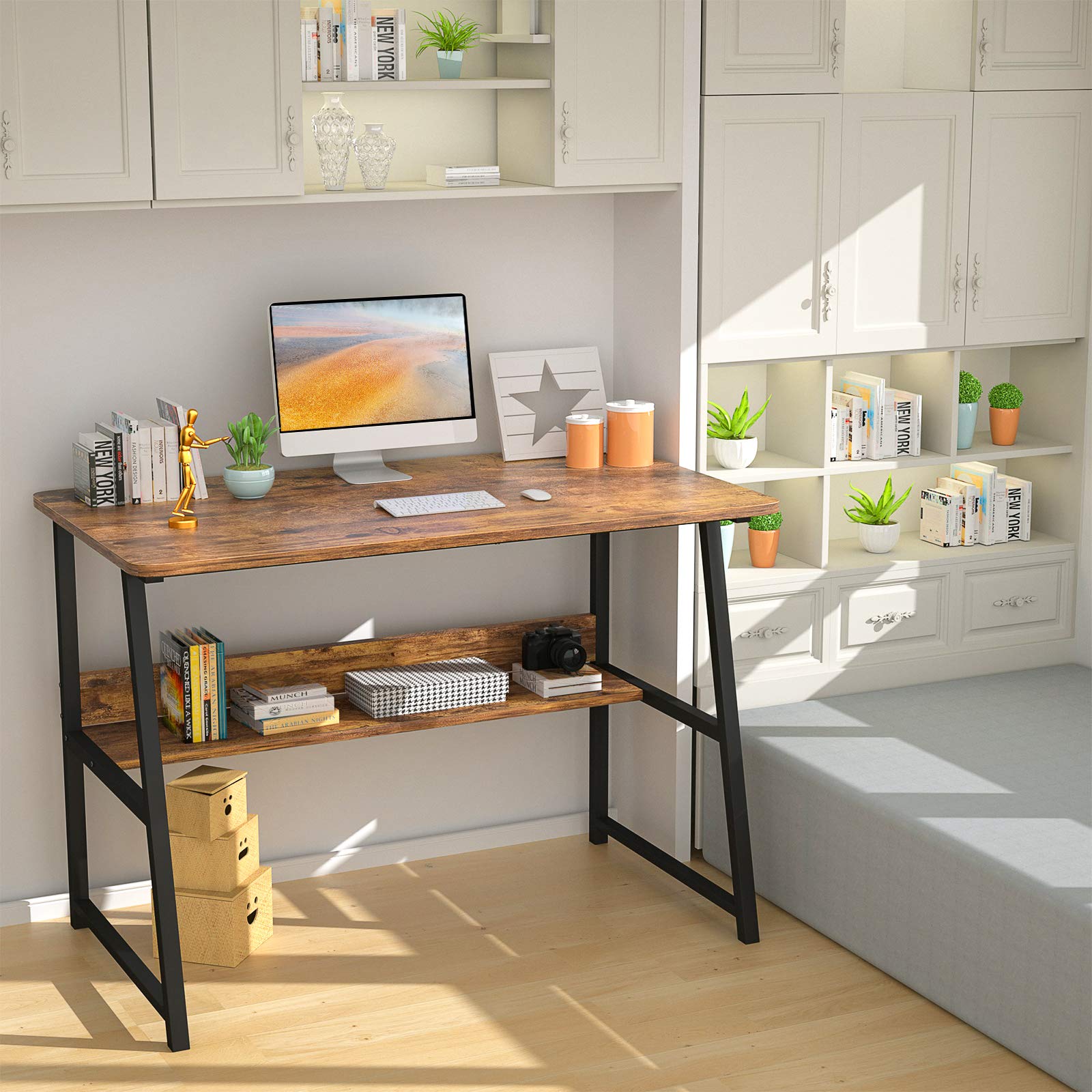 Desk Computer Desk 39 Inch Desk Home Office Desk Modern Simple Study Writing Desk with Bookshelf Sturdy Easy to Asseble Desk Industrial Small Desks for Small Space PC Laptop Gaming Desk Table