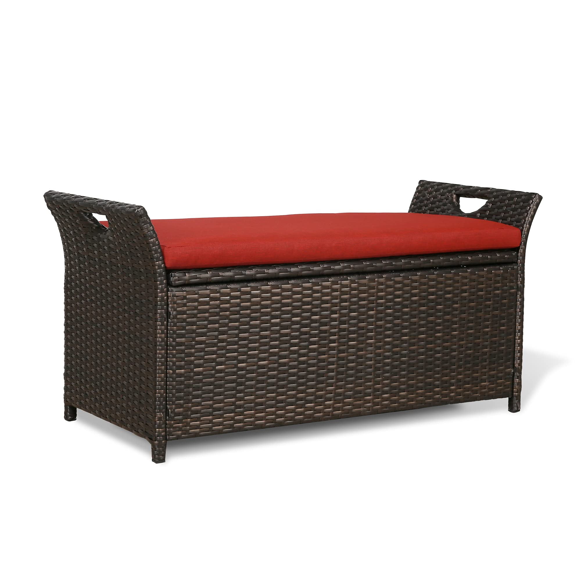 PATIO TREE 40 Gallon Outdoor Storage Bench Rattan Deck Box Patio Steel Frame Wicker Storage Container with Cushion, Red NPT-900004