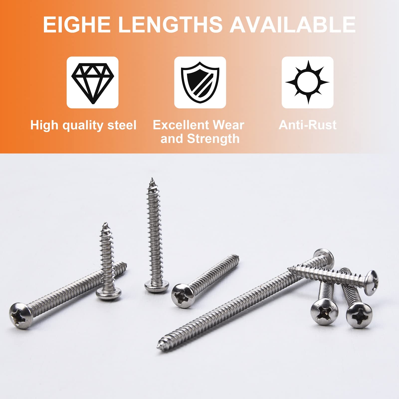 Self Tapping Screws, Preciva 304 Stainless Steel 200 PCS, 8 Sizes Round Head Phillips Drive Self Drilling Screw Assortment Kit for Metal Wood Furniture Electronic Products
