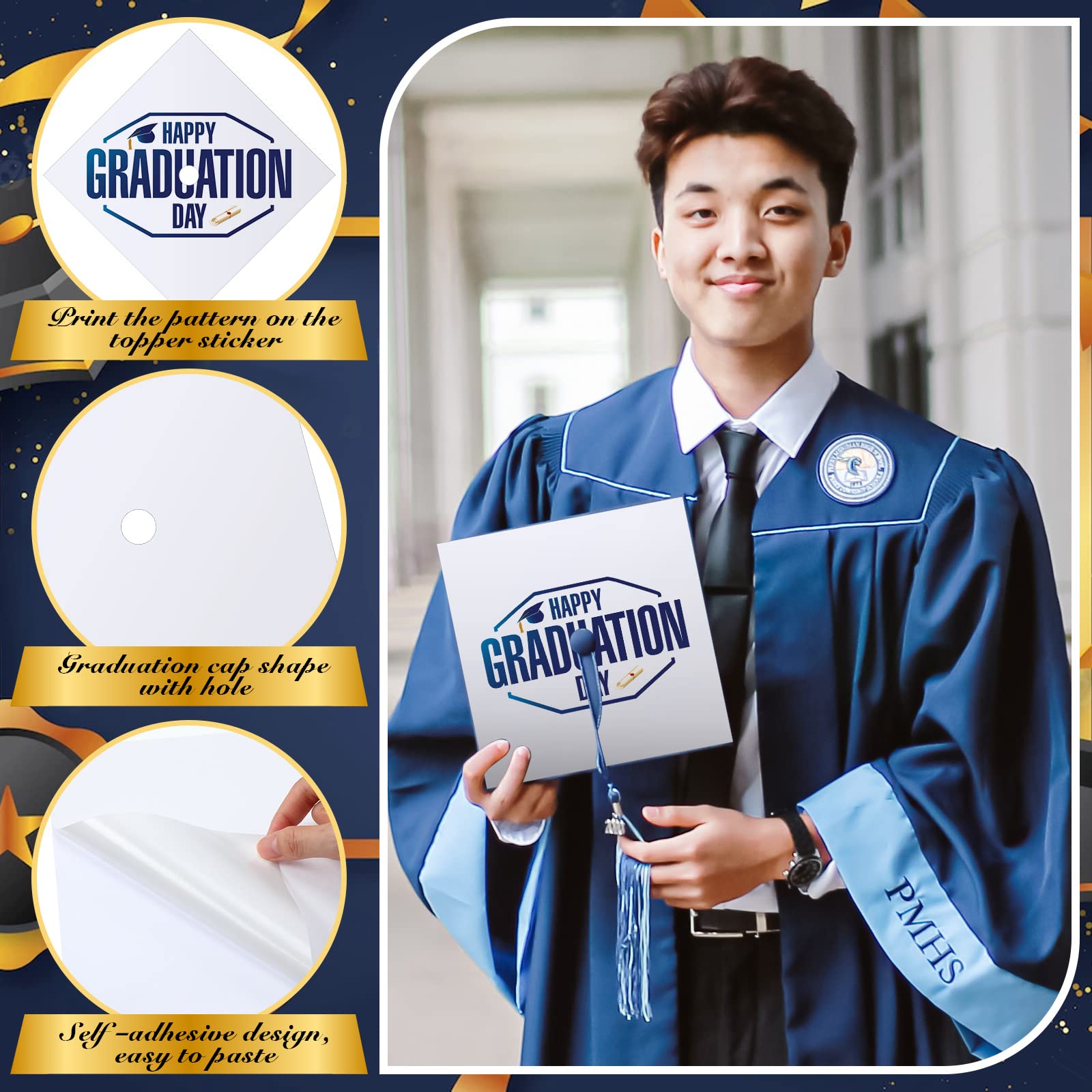 Graduation Cap Topper Blank Sublimation Graduation Cap Topper Sticker White Adhesive Grad Hat Decoration Blank Grad Cap Decals Printable with Inkjet or Laser Printers for Graduation Party (30 Pcs)