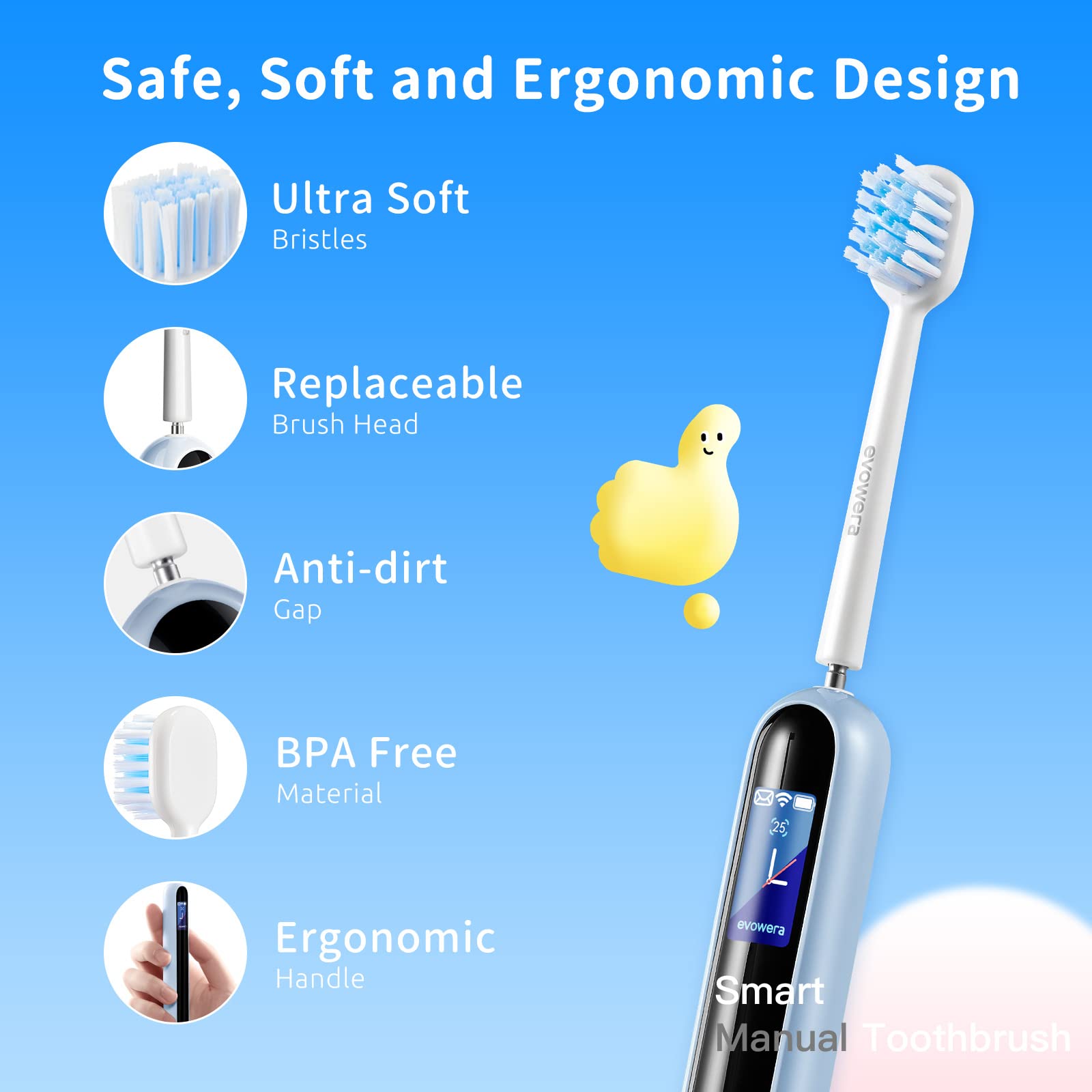 evowera Smart Manual Toothbrush for Kids, Uncleaned Area & Pressure Reminder, Coaching App, Color Display, WiFi Compatible, Soft Bristle, Timer, Message Function, BPA Free, Age 6-9, Blue Toothbrushes