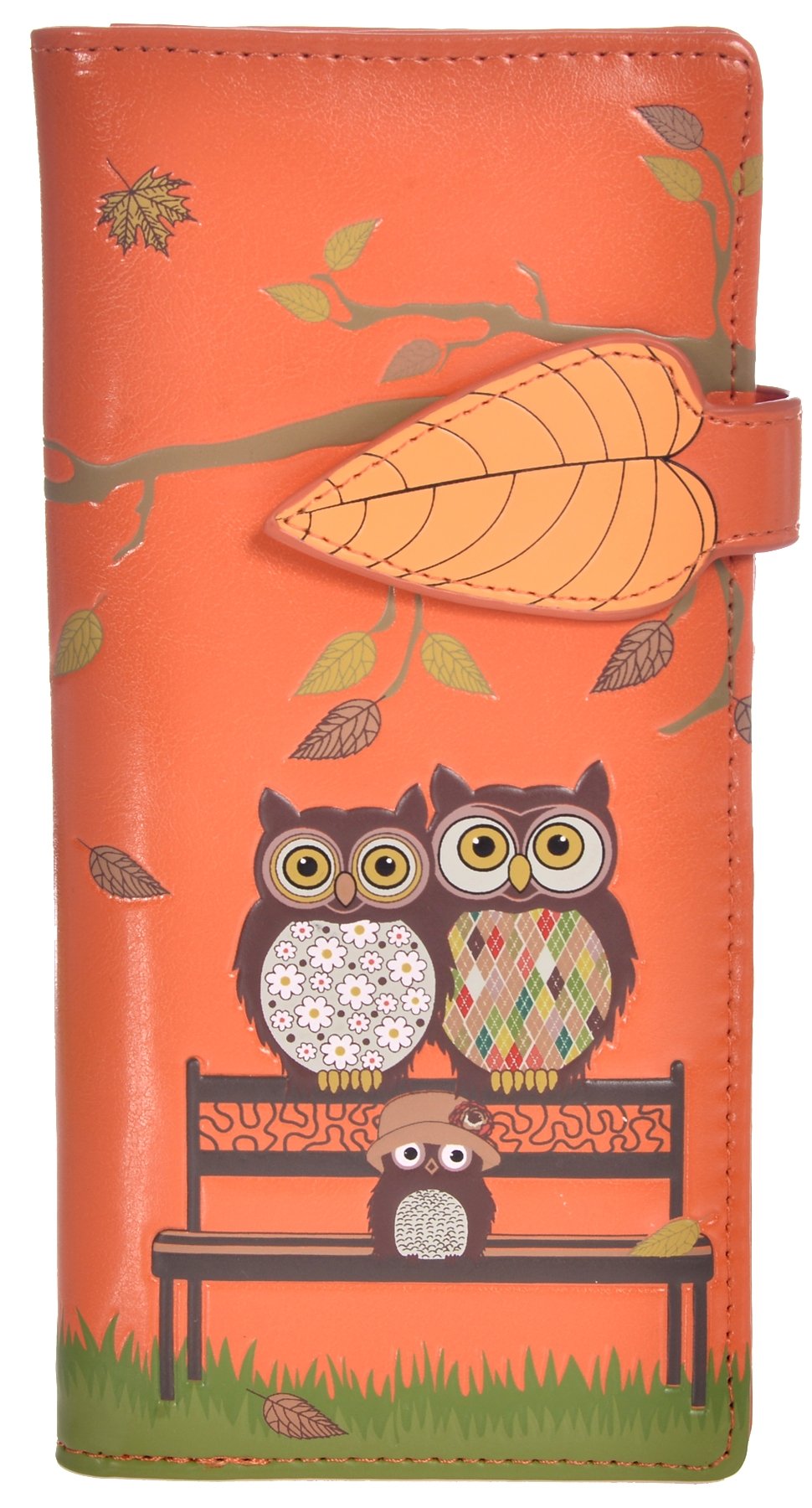 Shag Wear Women's Premium Vegan Clutch Cardholder Wallet Zipper Purse with Pretty Autumn Owl Orange