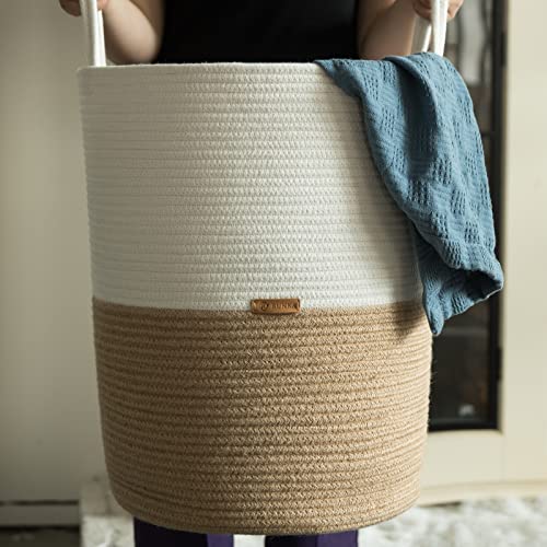 R RUNKA Extra Large Woven basket -16"x 20" Laundry Basket with Handle -Clothes Hamper, Laundry Hamper for Bedroom Living Room,Nursery Decor| Wicker Storage Basket - Off White & Jute