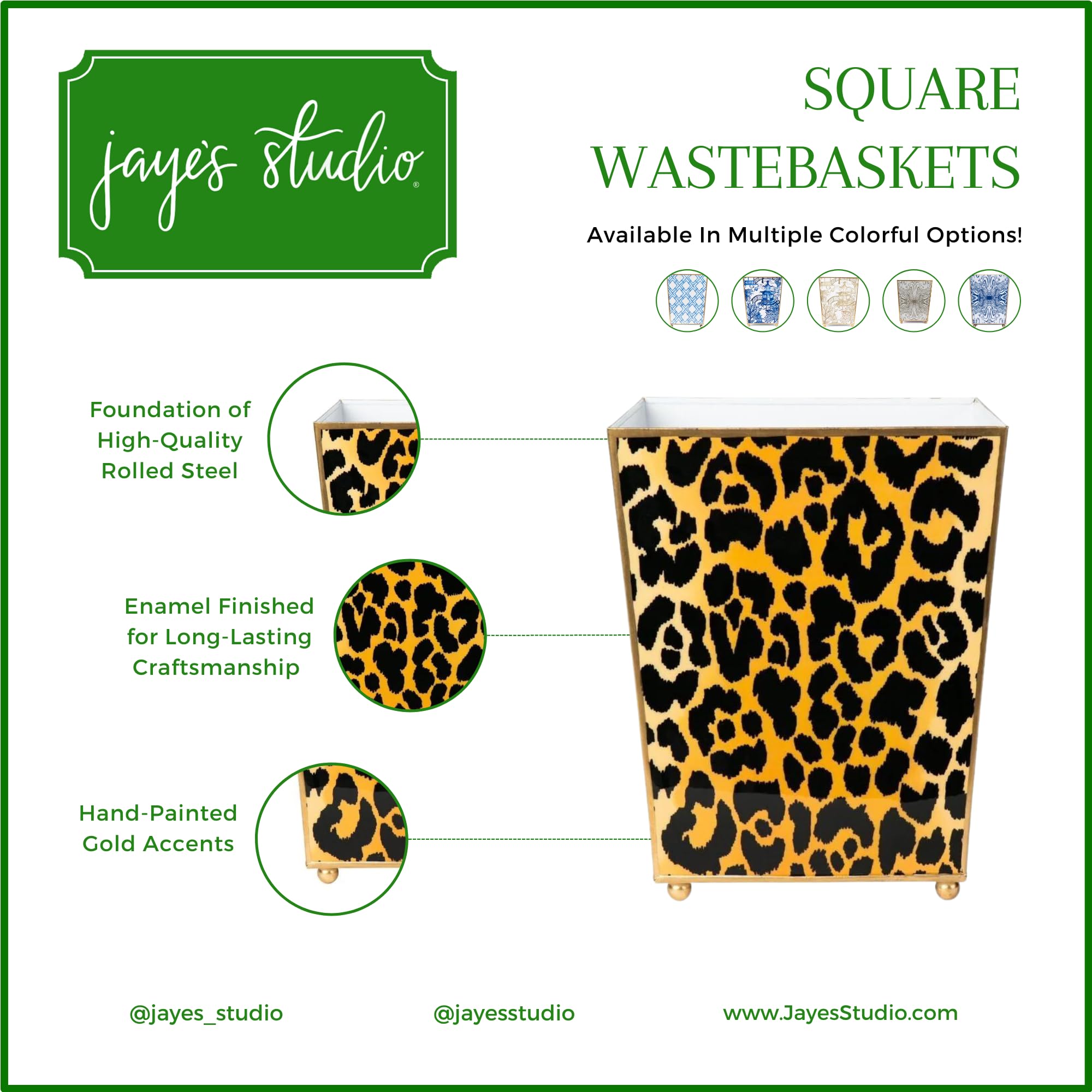 Jaye's Studio Square Wastebasket & Garbage Bin, Leopard Spots Theme, Gold Trim & Finish, Gold Round Feet, Enameled, Trash Bin for Bedroom, Office, Handcrafted Metal, Brown with Black Spots, 9", 9",12"
