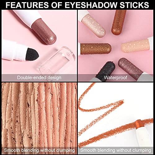 evpct 6Pcs 2 tone Eye Shadow Stick Makeup Set Waterproof Cream Eyeliner Crayon Set White Brown Gold Pink Dark Purple Bronzer Black Shimmer Eye Brightener Pencil Highlighter