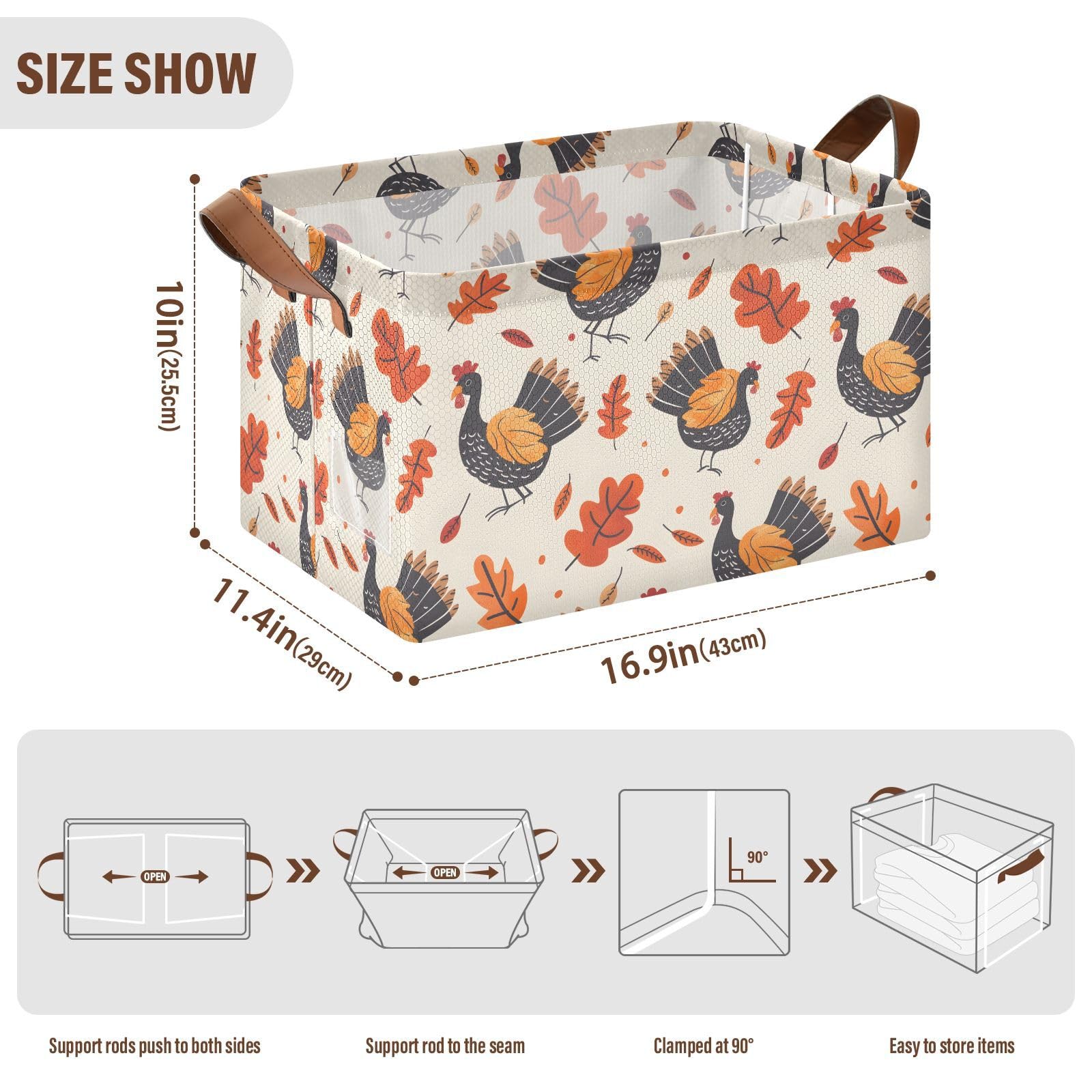 HOMONAW Rectangular Closet Storage Bin Thanksgiving Day Turkey Maple Leaf Storage Baskets with Handles Collapsible Closet Shelf Organizer for Clothes, Toys, Towel, Home, Bedroom, Office